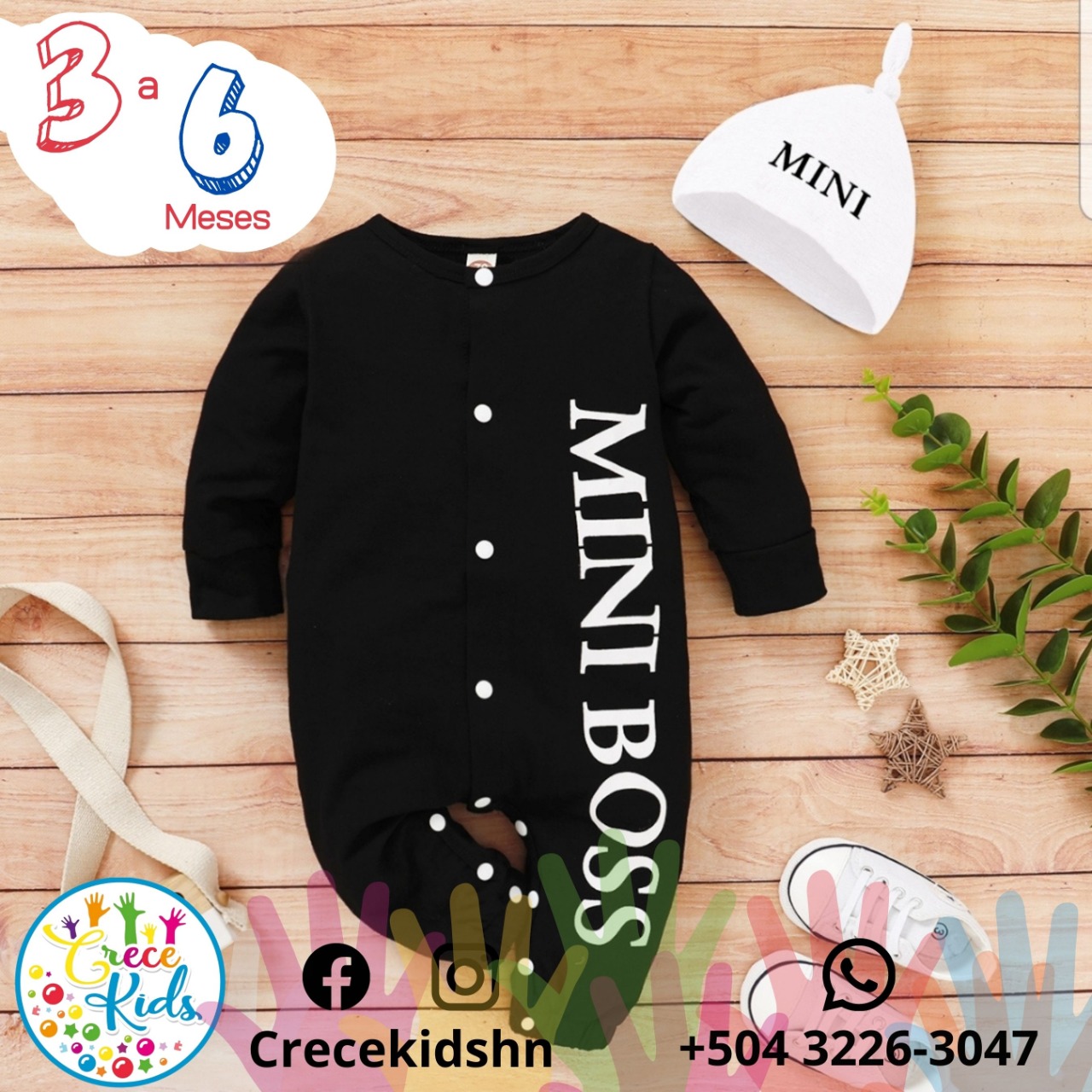 Mameluco negro de ” Mini Boss ” sin gorrito – Crece Kids