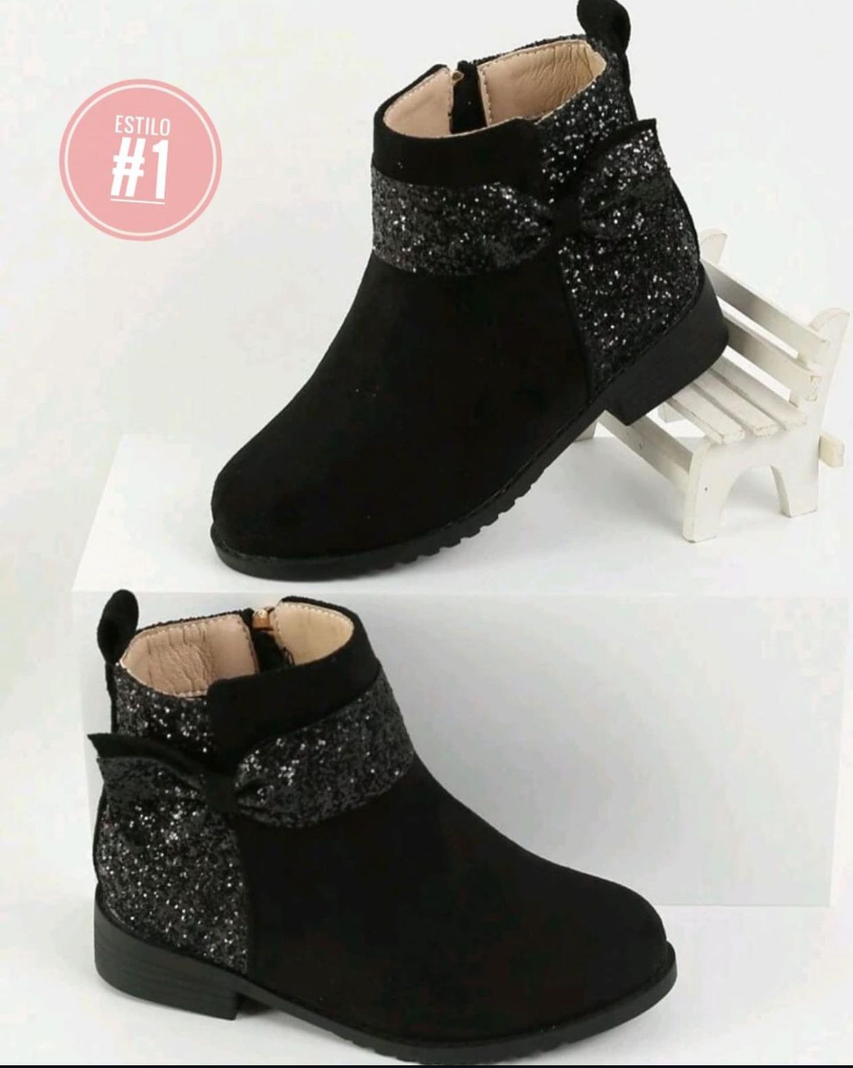 Botines De Color Negro Con Brillante Y Chongo Negro. – Crece Kids
